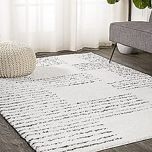 JONATHAN Y MOH407A-8 Petra Abstract Stripe Geometric Shag Indoor Area-Rug Bohemian Contemporary Glam Easy-Cleaning Bedroom Kitchen Living Room Non Shedding, 8 X 10, White/Black