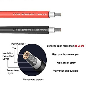 jamgoer 20FT 10AWG Solar Panel Extension Cable with Male and Female Connectors with Extra Free Connectors and Solar Connector Pins for Solar Panel (6M Red +6M Black)