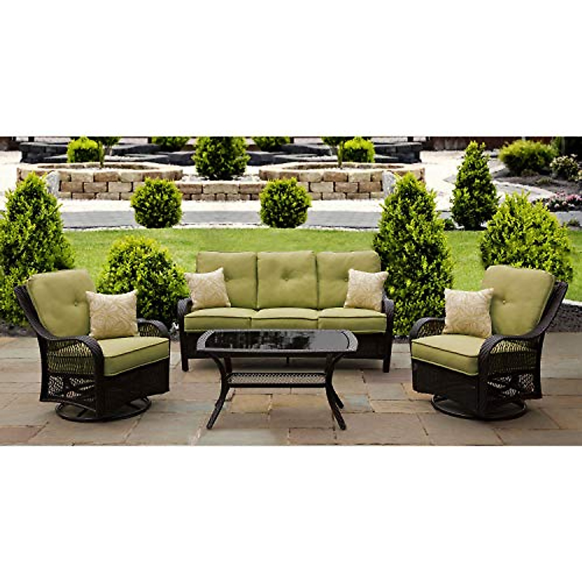 Hanover Orleans 4-Piece Steel Outdoor Patio Set Outdoor Patio Deep Seating Set with Brown Wicker, Sofa, Avocado Green Cushions, 4 Pillows and Glass Top Rectangular Coffee Table