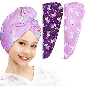 FIOBEE Microfiber Hair Towel Wrap for Kid Rapid Drying Towel Absorbent Hair Turbans for Wet Hair with Button Women Girls Long Curly Hair Pack of 2, Purple