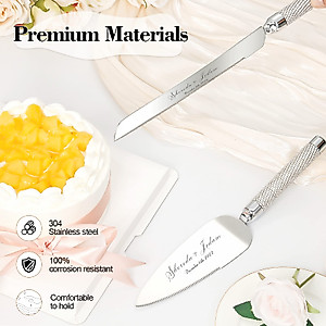 Wedding Cake Knife and Server Set, Personalized Cake Cutting Set, Engraved Elegant Cake Cutters With Sparkling Diamonds, Custom Pie Spatula and Cake Knife, Birthday Bridal Quinceañera Gift (Silver 3)