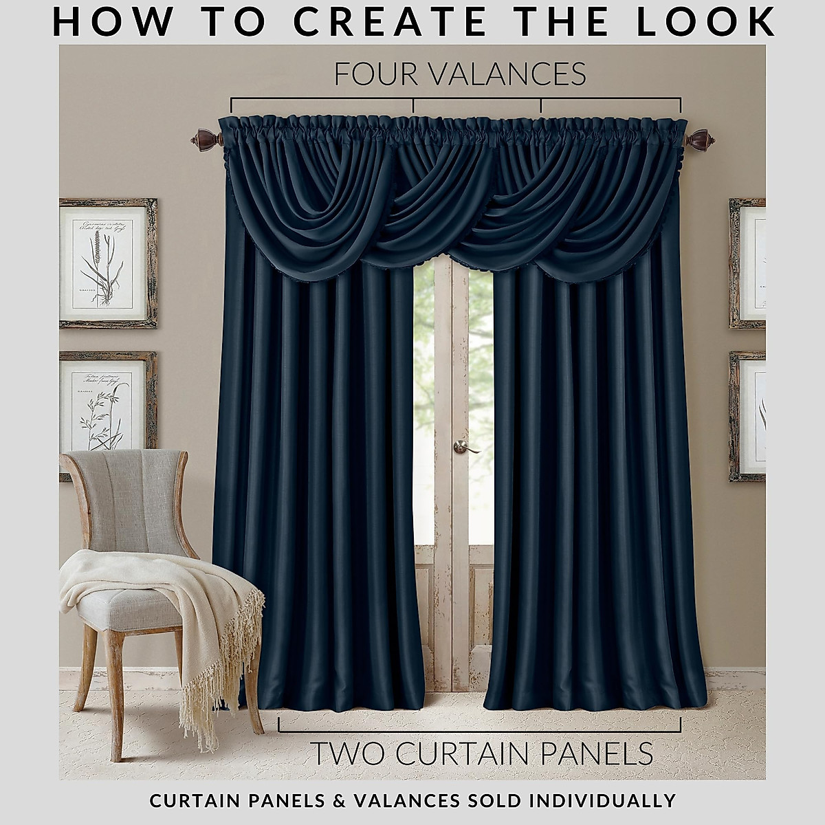 Elrene Home Fashions All Seasons Room-Darkening Waterfall Window Valance, Accessory for Bedroom or Living Room Windows with Rod Pocket Tabs, 52" x 36", Navy, 1 Valance