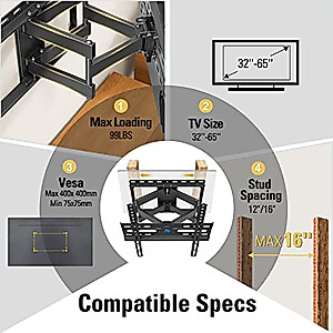 Mounting Dream TV Wall Mount for 32-65 Inch TV, TV Mount with Swivel and Tilt, Full Motion TV Bracket with Articulating Dual Arms, Fits 16inch Studs, Max VESA 400X400 mm, 99lbs, MD2380