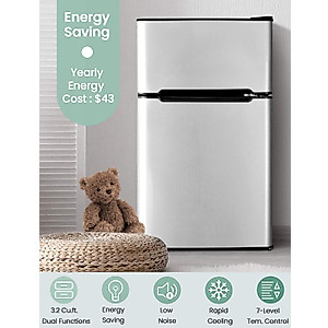 Nafort Mini Fridge with Freezer, 3.2Cu.ft 2-Door Compact Refrigerator with Reversible Door, Removable Glass Basket/Shelves & Recessed Handle for Home, Bedroom, Office, Dorm, Garage (Grey)