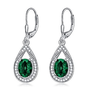 Emerald Green Leverback Earrings Sterling Silver Teardrop Earrings with Simulated May Birthstone Oval Crystal from Austria
