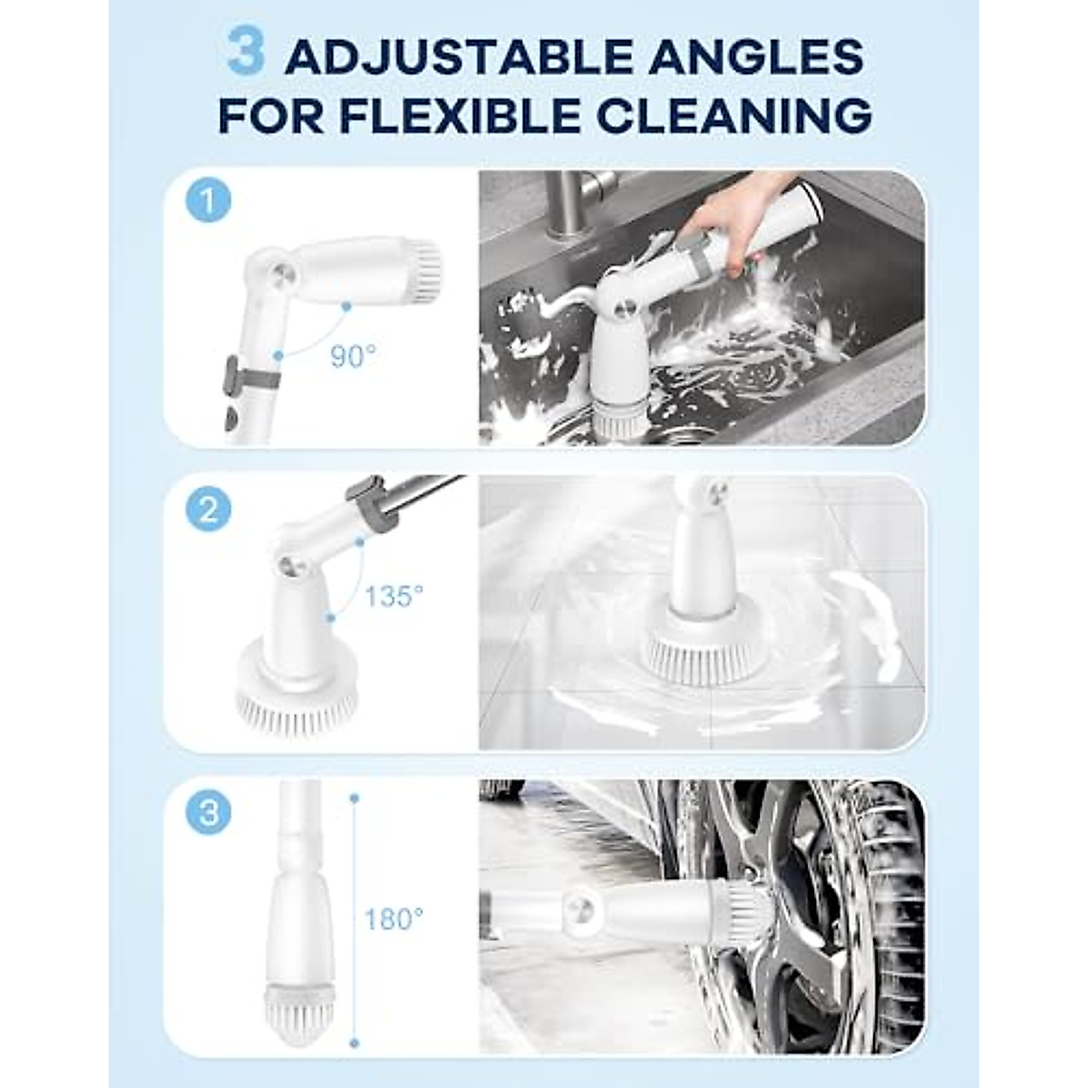 MABOGU Electric Spin Scrubber, Cordless Shower Scrubber with 8 Replaceable Brush Heads, Bathroom Scrubber Electric Dual Speeds, Shower Cleaning Brush with Extension Arm for Tub Tile Floor(Grey&White)