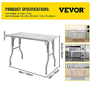 VEVOR 48 x 30 Inch Folding Commercial Prep Table Commercial Worktable Workstation, Heavy-Duty Stainless Steel Folding Table with 220 lbs Load, Silver Stainless Steel Kitchen Island，Kitchen Work Table