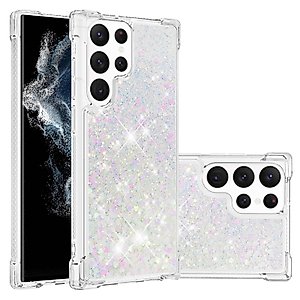 LEMAXELERS Compatible with Samsung S22 Ultra Case, Bling Glitter Liquid Case Floating Quicksand Shockproof Protective Sparkle Silicone Soft TPU Case for Samsung Galaxy S22 Ultra. YBL Love Silver Pink