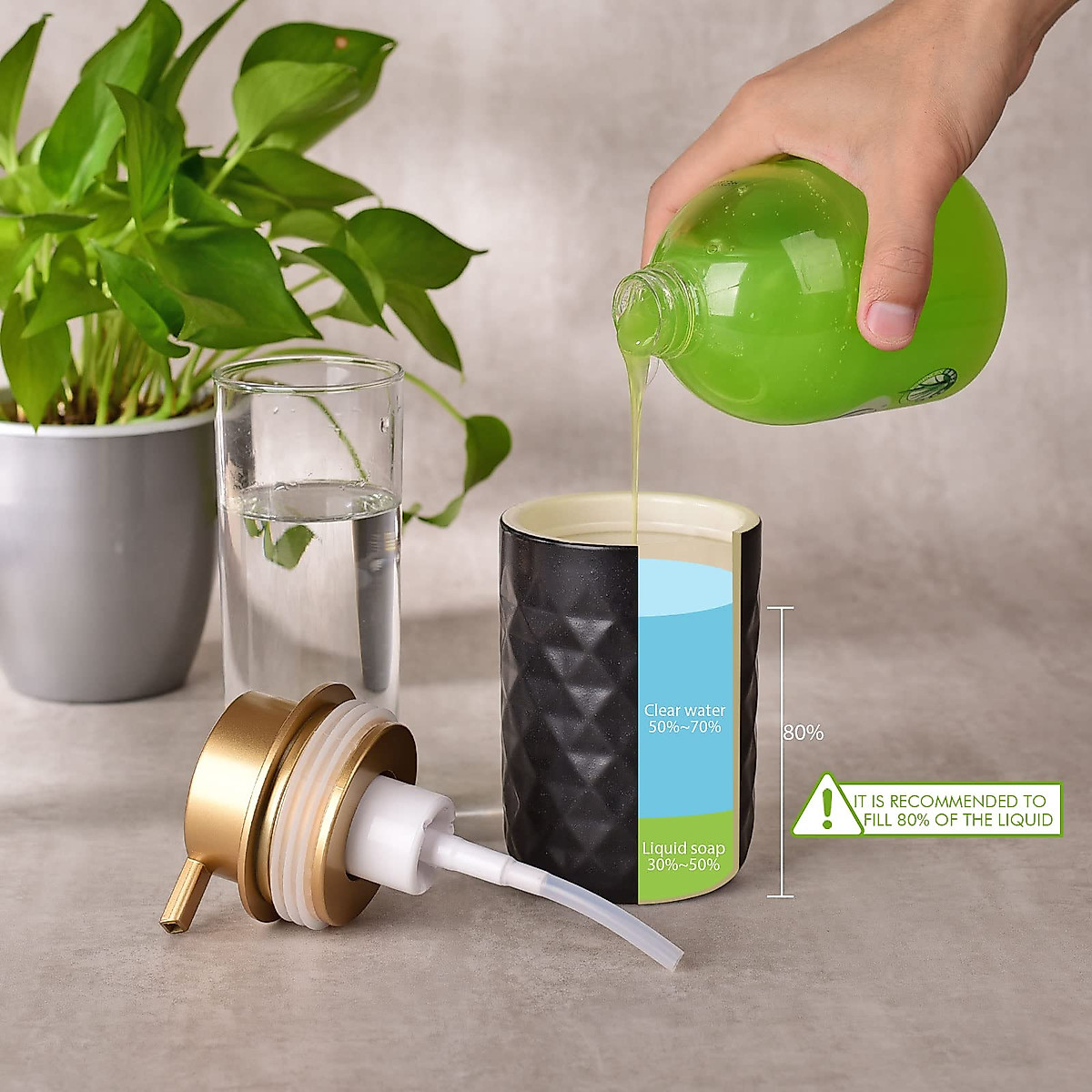 LALA DOLCE Foam Dispenser - Hand Pump Dispenser Foaming Soap Dispenser Ceramic Dish Liquid Dispenser for Kitchen Bathroom Hand Wash Bottle (13.5oz/400ml Black)