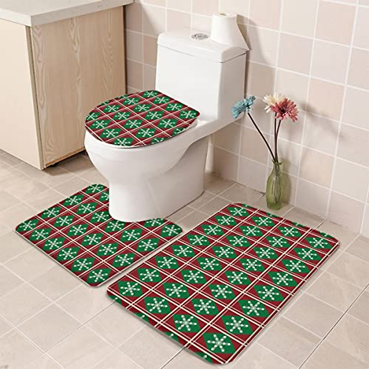 Christmas Bath Rugs for Bathroom Set 3 Piece Snowflake Red Green Diamond Plaid Non-Slip Washable Memory Foam Absorbent Bath Mat Rugs for Tub Shower,U-Shaped Toilet Floor Mats,Toilet Lid Cover