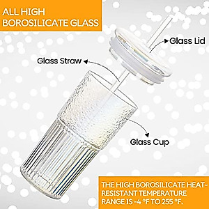 QWEZXO High Borosilicate Glass Cups With Lids and Glass Straws，20 OZ Rainbow Iced Coffee Water Tumbler Smoothie