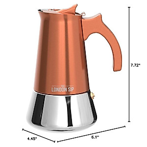 London Sip Stainless Steel Stove-Top Espresso Maker Coffee Pot Italian Moka Percolator, Copper, 6 Cup