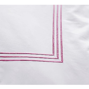 The Tangerine Store 3-Piece Lines Cotton Sateen Duvet Cover Set (88x90 inches) - Queen Size, White with Bubblegum Pink Embroidered Edge - Zip Closure, 4 Corner Ties, Pre-Washed Fabric