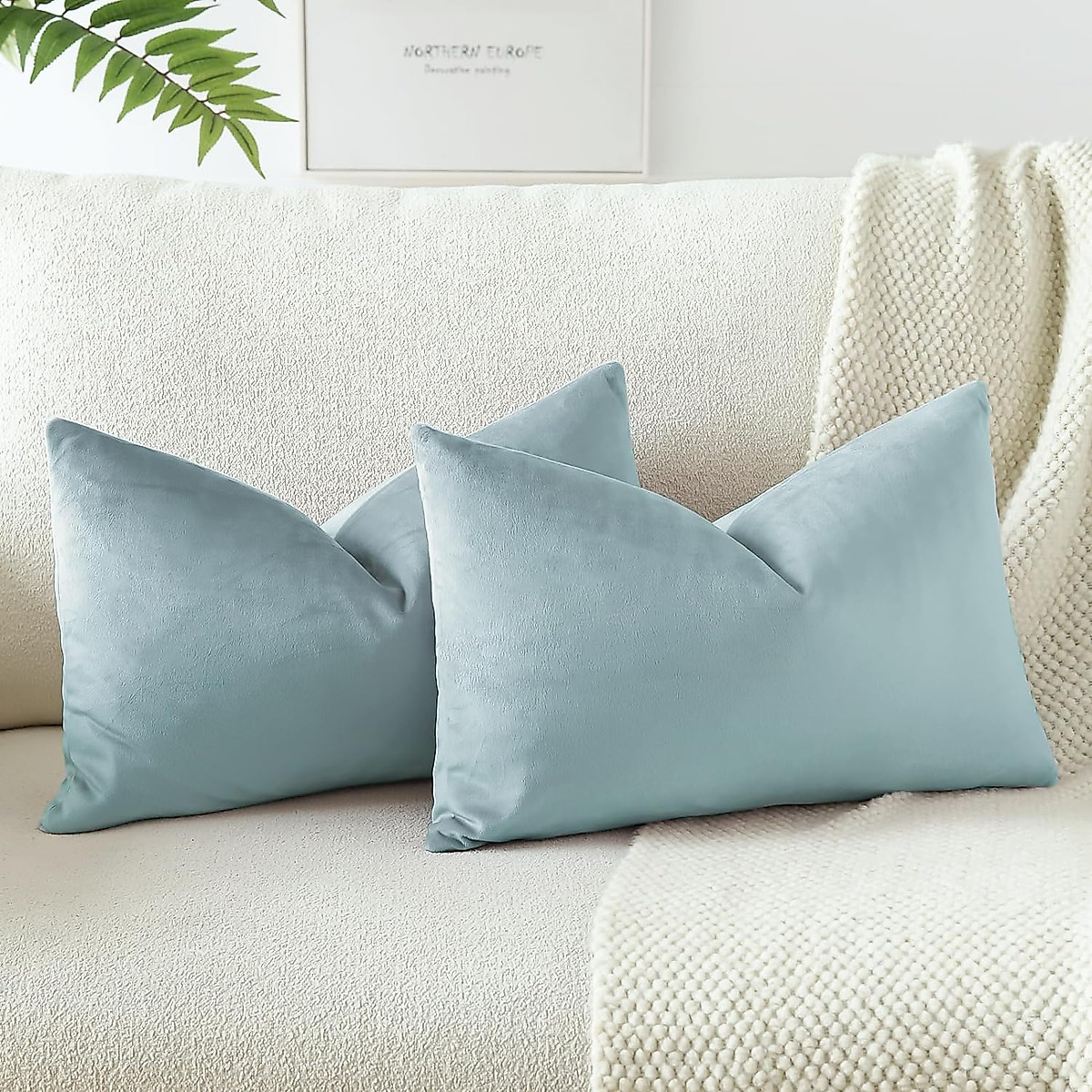 OTOSTAR Velvet Soft Solid Decorative Throw Pillow Covers 12 x 20 Inch Pillow Covers Lumbar Cushion Case Couch Pillowcases for Sofa Bed Home Decor Pack of 2 (Light Blue)