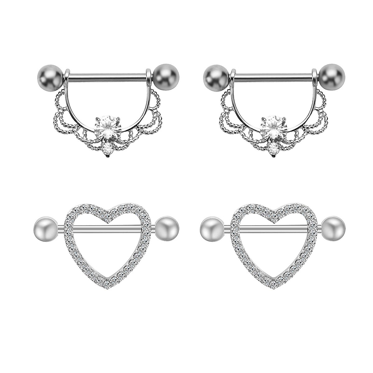 NASAMA Stainless Steel Acrylic Nipple Rings Tongue Ring CZ Barbell Heart-Shape Piercing Body Jewelry (6pair Steel color)