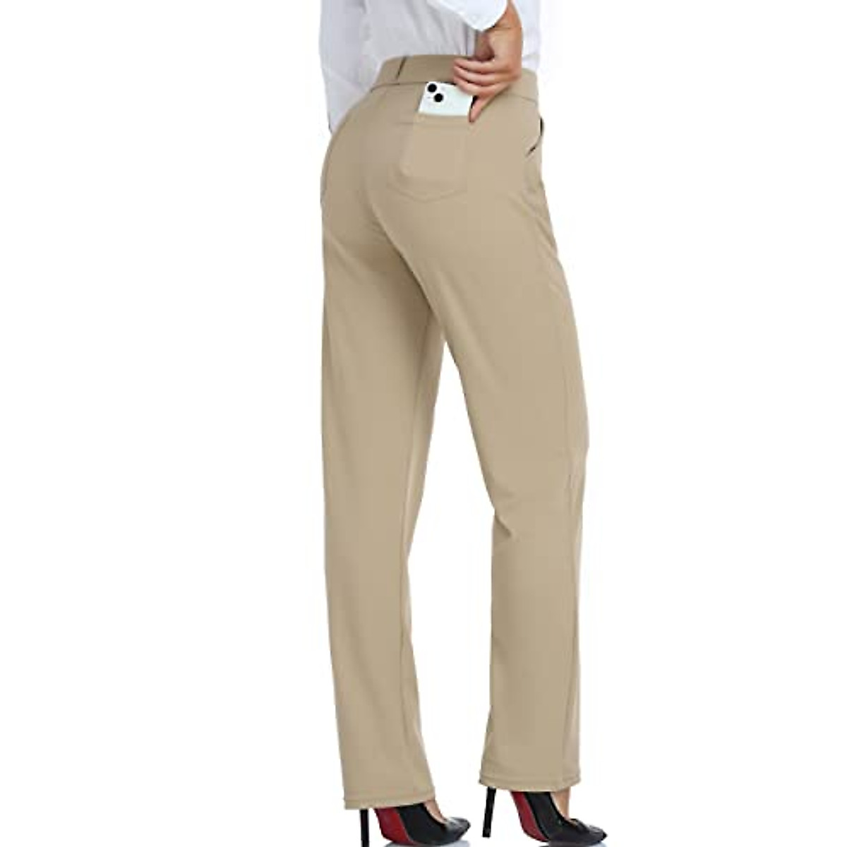Oalka Women's Dress Pants Straight Leg Yoga Work Stretchy Pant for Office Business Khaki Brown Short L
