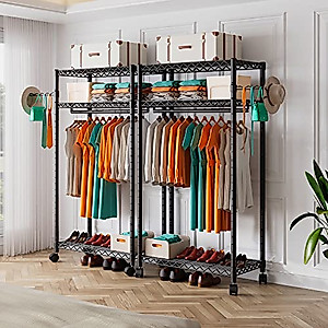 PUNION Heavy Duty Rolling Garment Rack,Portable Clothes Rack for Hanging Clothes,Clothing Rack,Wardrobe Storage Rack with 3 Shelves,1 Hang Rod,1 Side Hook,36" Lx18 Wx71 H, Max Load 500LBS, Black,GR1