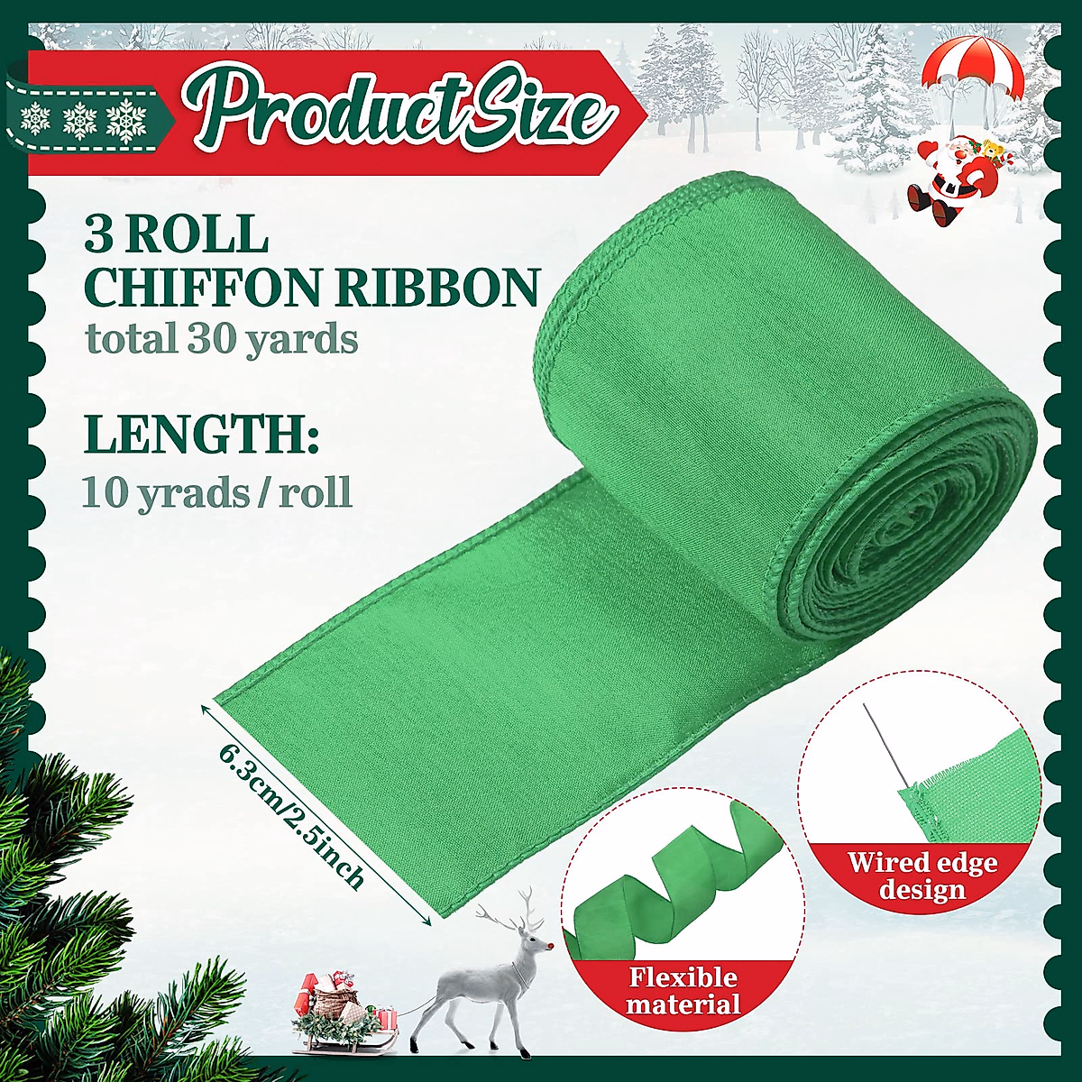 3 Rolls 30 Yards Christmas Polyester Satin Ribbon 2.5 Inches Double Face Wide Wired Satin Ribbon for Christmas Gift Wrapping Crafts Christmas Tree Ribbon Decorations Red Green and White