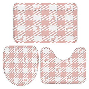 Royaours 3-Piece Bath Rug and Mat Sets, Pink White Buffalo Plaid Stripe Easter Rabbit Non-Slip Bathroom Doormat Floor Rugs, Farm Toilet Seat Cover, U-Shaped Carpet Entrance Door Mat