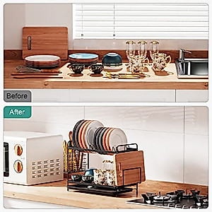 GSlife Dish Drying Rack for Kitchen 2 Tier Small Dish Rack with Drainboard Rust-Resistant Compact Dish Drainer with Utensil Holder Cutting Board Holder for Kitchen Counter, Black