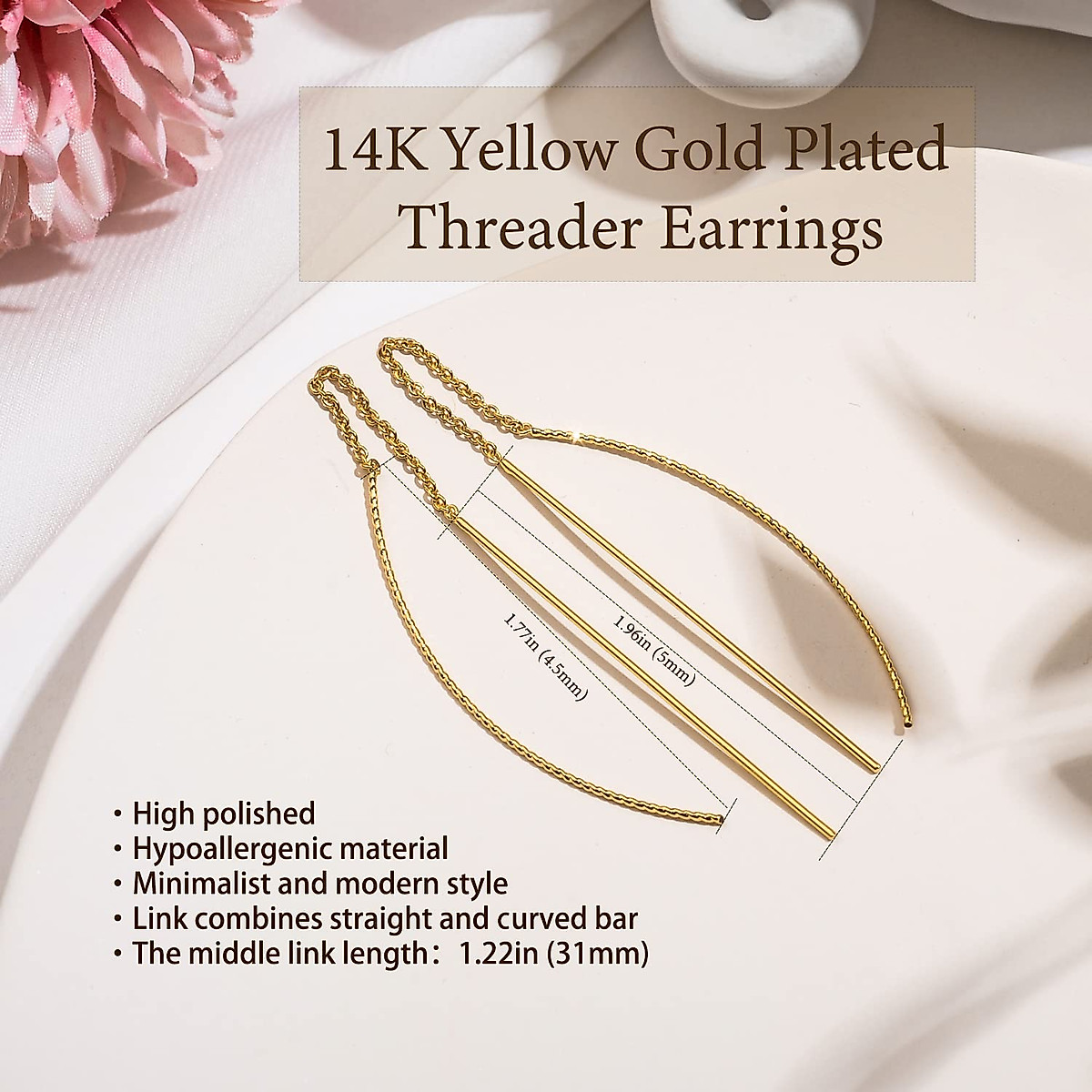 NOKMIT Threader Earrings for Women 14K Gold Tone Long Lightweight Dangle Drop Earrings Dainty Curved Bar Thin Chain Threads Hypoallergenic Jewelry Gifts