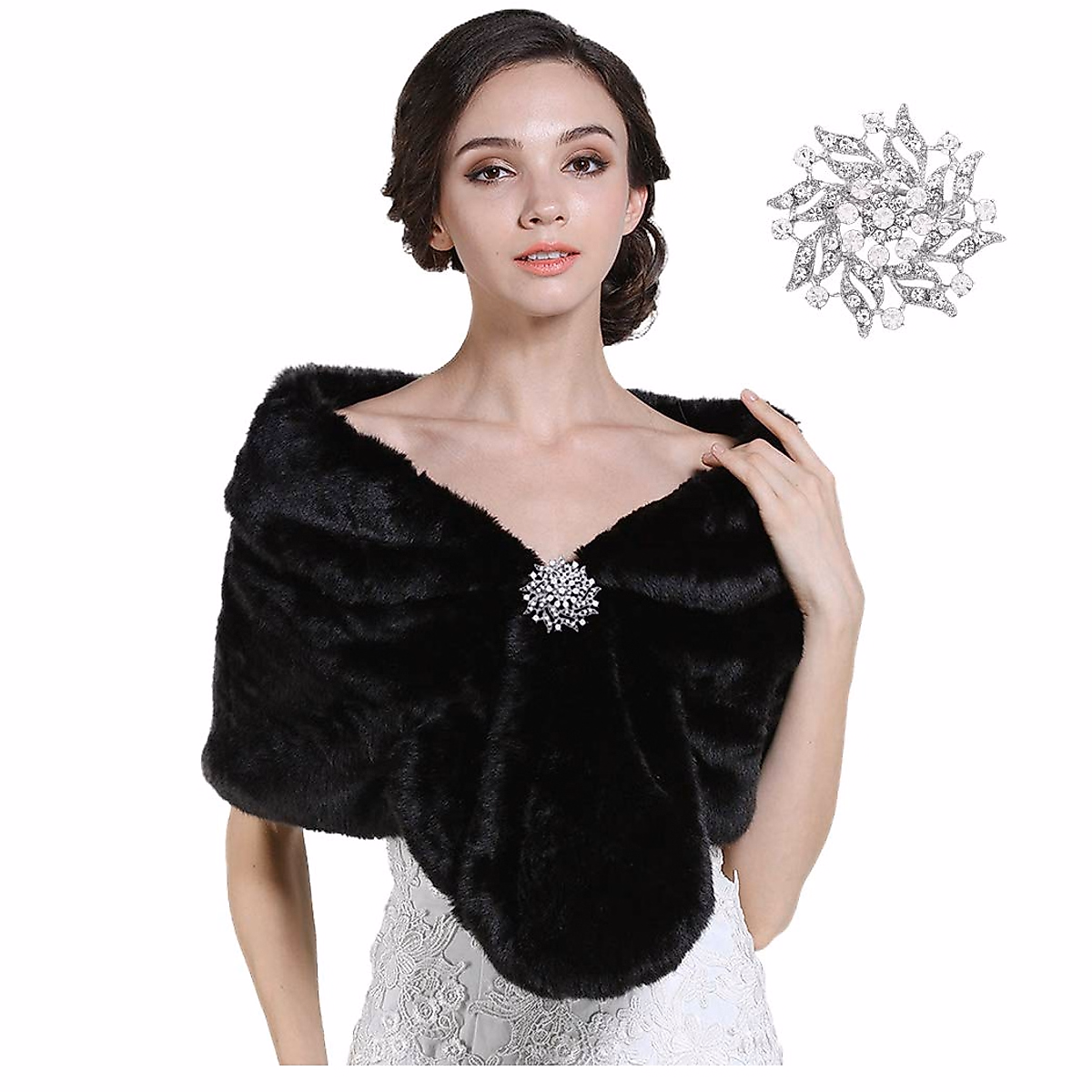 GORTIN Women's Fur Shawls Bride Wedding Faux Fur Wraps and Shawls Sleeveless Fur Stoles Fur Shrug with Brooch for Brides and Bridesmaids