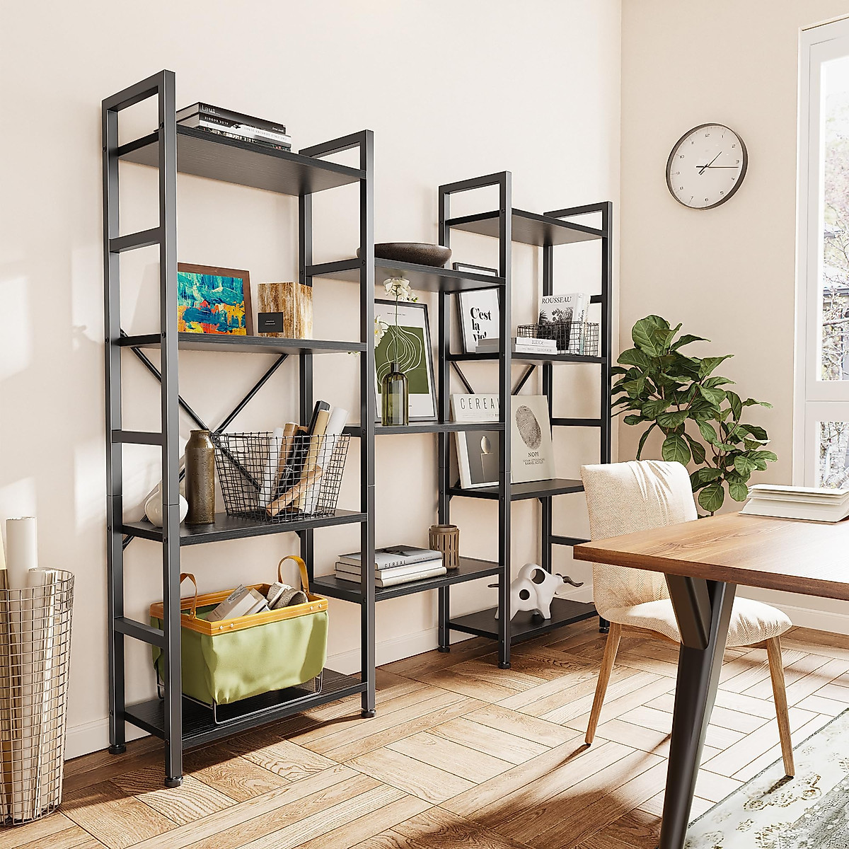 SUPERJARE Triple 5 Tier Bookshelf, Bookcase with 14 Open Display Shelves, Ladder Bookshelf, Wide Book Shelf Book Case with Steel Frame, Wood Board, for Home & Office, Dark Brown