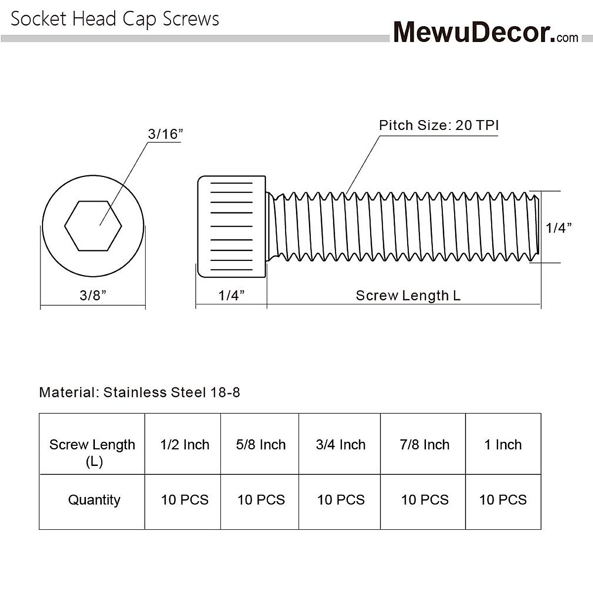 1/4-20 x 1/2", 5/8", 3/4", 7/8", 1" Socket Head Cap Screws, Stainless Steel 18-8 (304), Bright Finish, Fully Threaded, Allen Hex Drive, 50 PCS