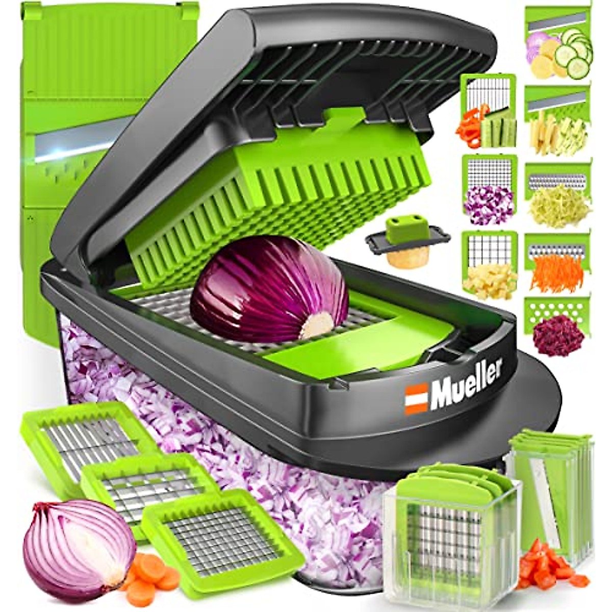 Mueller Pro-Series 10-in-1, 8 Blade Vegetable Slicer, Onion Mincer Chopper, Vegetable Chopper, Cutter, Dicer, Egg Slicer with Container