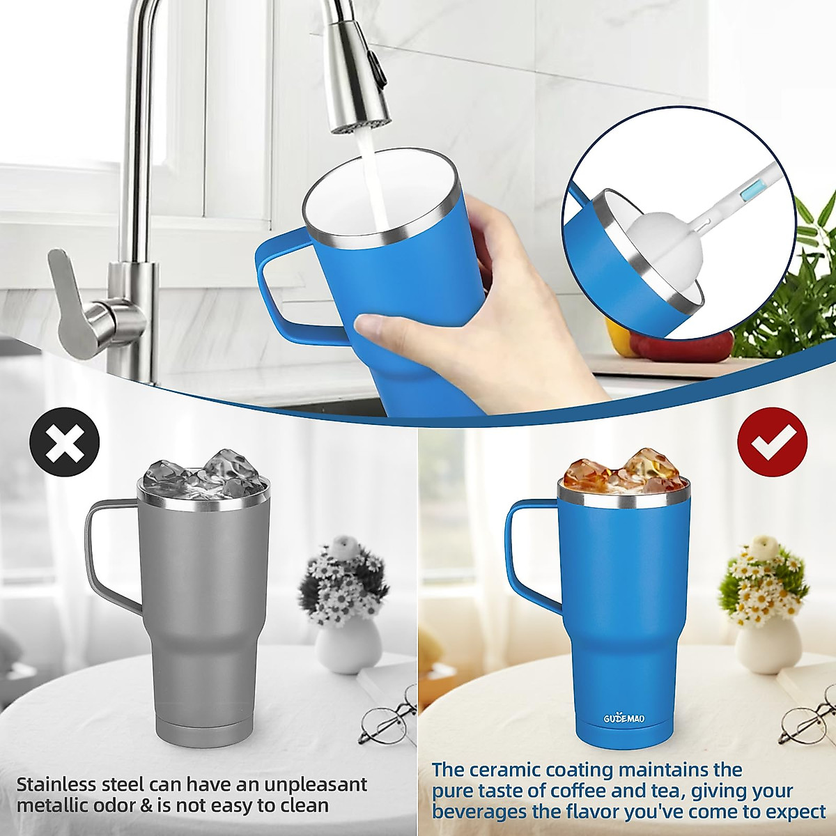 20 oz Insulated Coffee Mug with Ceramic Coating, Stainless Steel Travel Mug Tumbler with Handle Lid and Straw, Double Wall Leak-Proof Thermos Coffee Travel Mug Keeps Drink Hot and Cold (Blue)