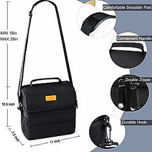 Dual Compartment Lunch Bag for Women Men, Reusable Insulated Lunch Bags Leakproof Large Lunch Box Cooler Tote Bag with Adjustable Shoulder Strap for Office Work School Picnic Hiking Beach Party, Black