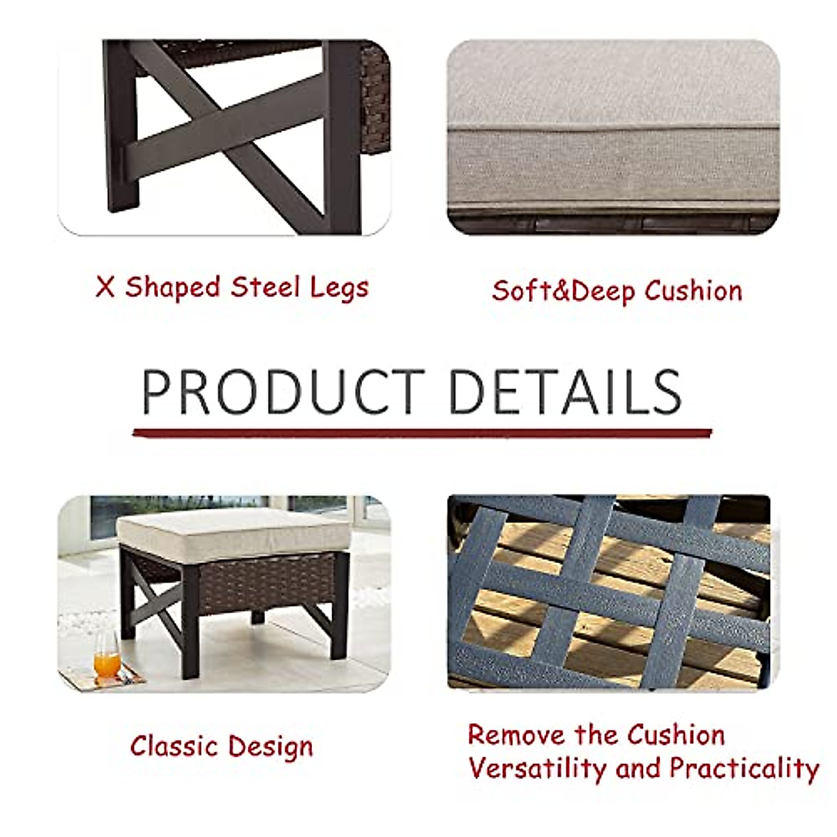 LOKATSE HOME Outdoor Metal Ottoman Patio Rattan Furniture Wicker Footstool Seat with Cushion, Brown