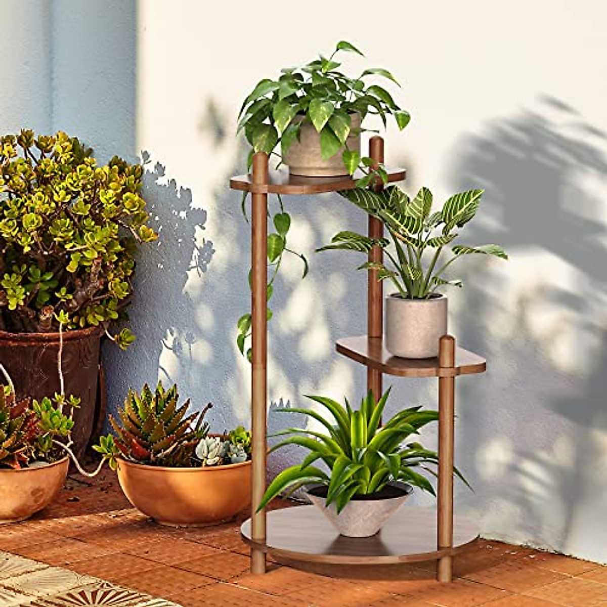 Enisudo Plant Stand Indoor Plant Stands Wood Outdoor Tiered Plant Shelf for Multiple Plants 3 Tiers 3 Potted Ladder Plant Holder Table Plant Pot Stand for Window Garden Balcony Living Room Gifts for Women