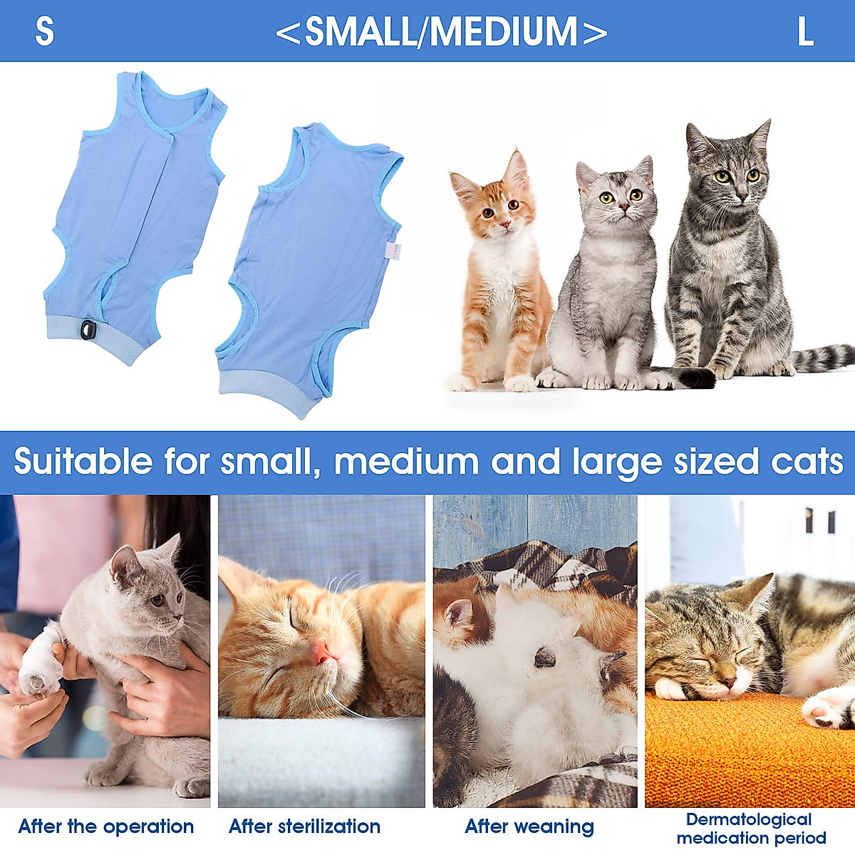 Molain Cat Professional Recovery Suit for Abdominal Wounds or Skin Diseases, After Surgery E-Collar Alternative for Cats Anti Licking Pajama Suit Kittens Surgery Recovery Suit (Blue, M Size)