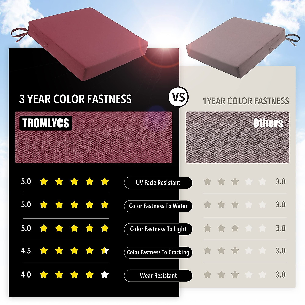 Tromlycs Outdoor Cushions for Patio Furniture Chair Cushions Set of 2 Seat 19x19 Inch Waterproof Outside Red