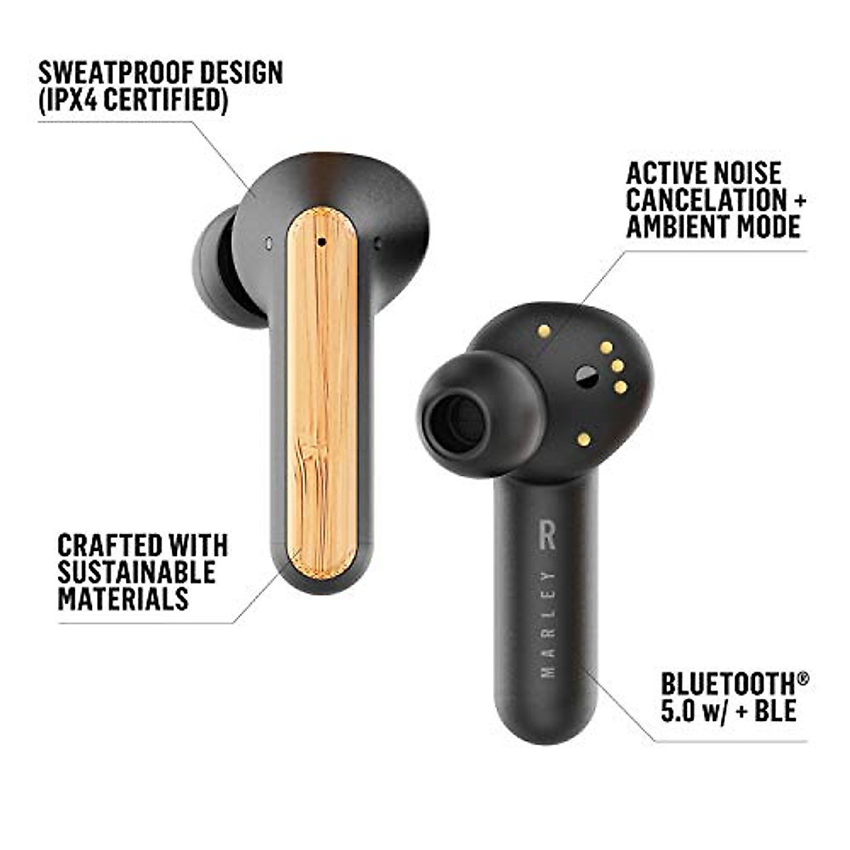 House of Marley Redemption ANC: Noise Cancelling True Wireless Earbuds with Microphone, Bluetooth Connectivity, 20 Hours Total Playtime, and Sustainable Materials, Signature Black