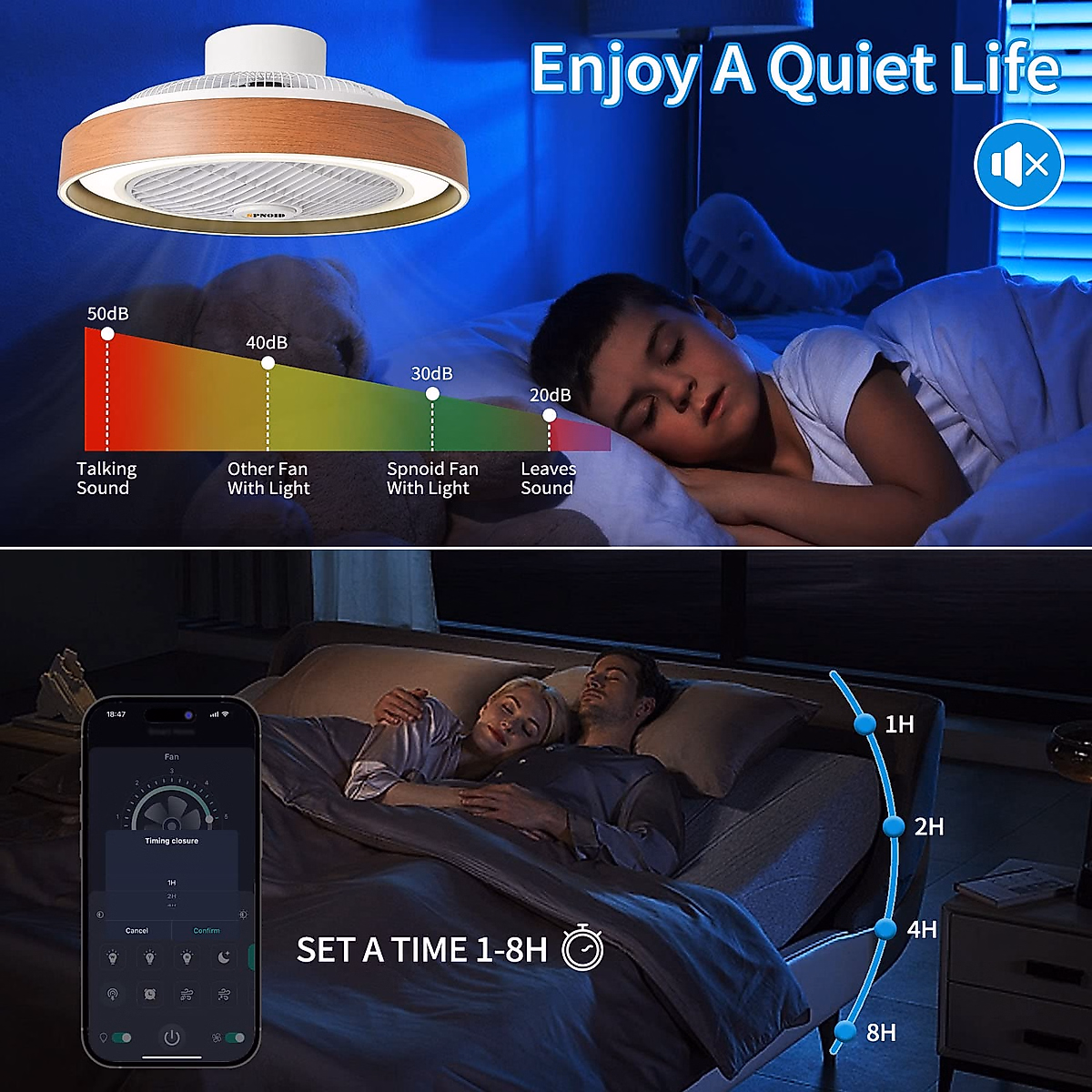 Spnoid Ceiling Fans with Lights and Remote,Enclosed Ceiling Fans Modern Low Profile Ceiling Fan Lights with Dimmable LED 6 Speeds Bladeless Flush Mount Fans with Light for Bedroom Living Room