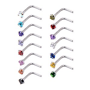 15 Pieces 20 Gauge L Shaped Nose Ring Curved Nose Stud Bend Bar Piercing Jewellery, 15 Colors