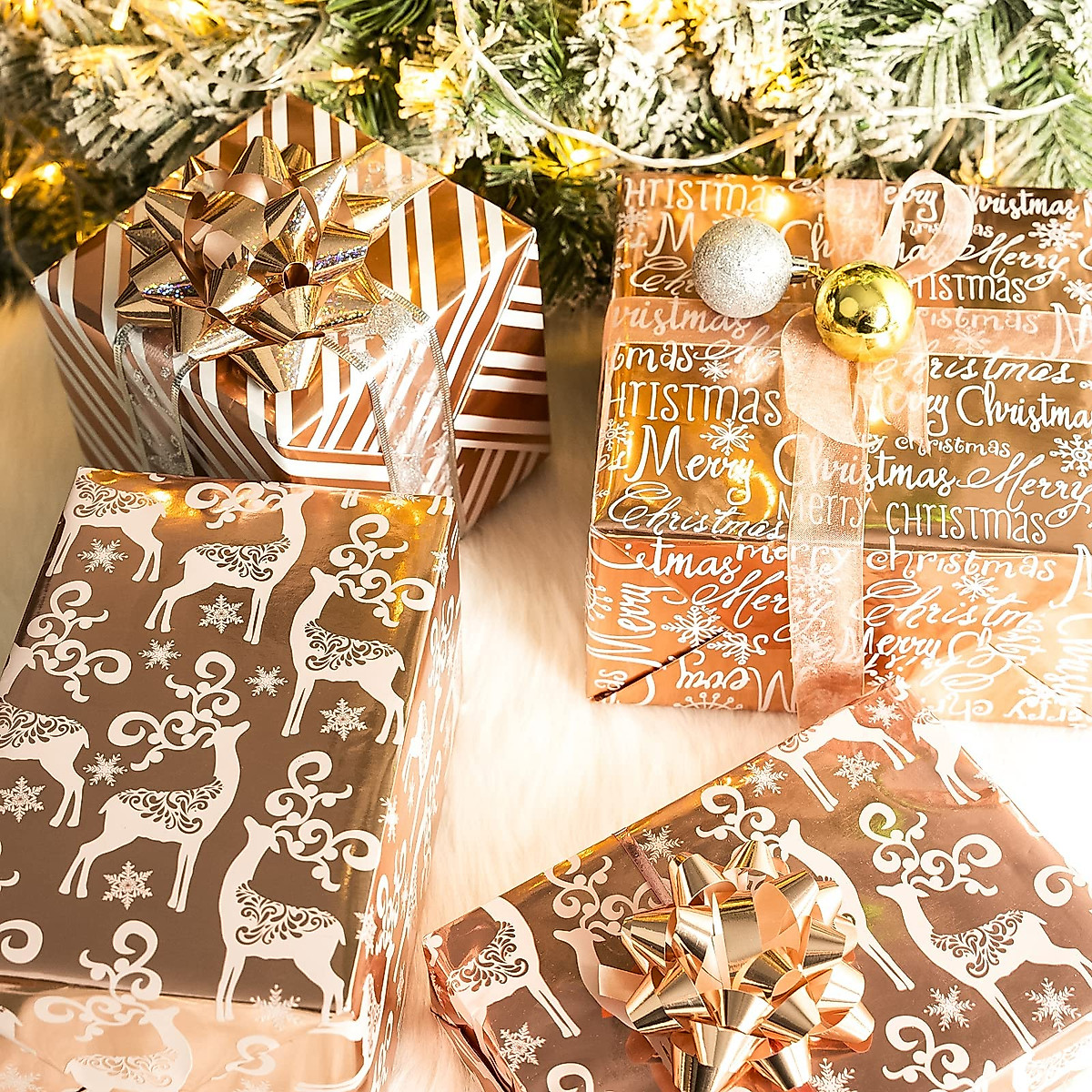 MAYPLUSS Christmas Wrapping Paper Roll - Mini Roll - 17 inch X 120 inch Per roll - 3 Different Rose Gold Design with Glitter Metallic Foil Shine (42.3 sq.ft.ttl)