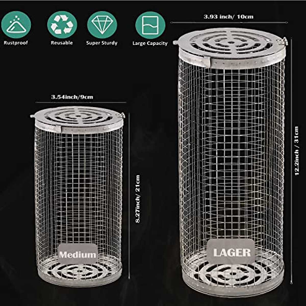 2pcs Rolling Grilling Basket - Stainless Steel BBQ Grill Mesh for Vegetables, Fish and French Fries, Round Stainless Steel Grill Mesh (Pack of (M+L))