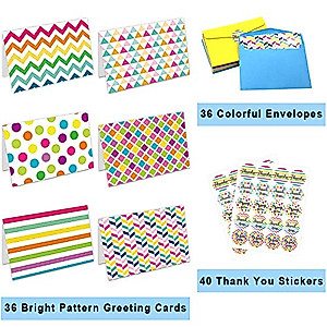 FANCY LAND 36 Colorful Greeting Cards Bright Pattern Note Cards with Colored Envelopes Stickers Blank Inside Cards Office School Home Kids