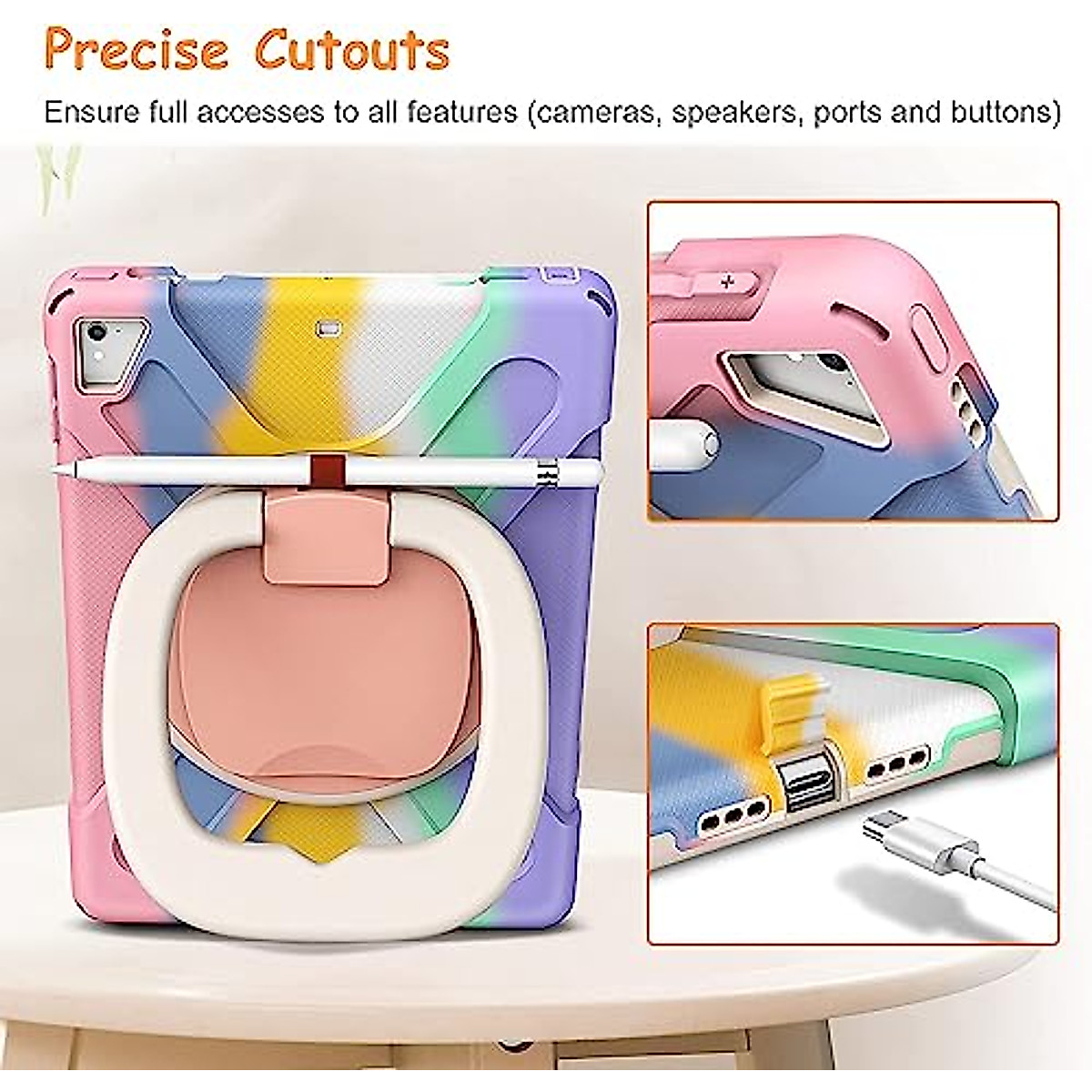 KENOBEE Case for iPad 9.7 6th/5th 2018/2017 / Air 2 / Pro 9.7, 360° Rotating Multi-Functional Handle-Kickstand Shockproof Cover Built-in Screen Protector & Shoulder Strap, Rainbow Pink