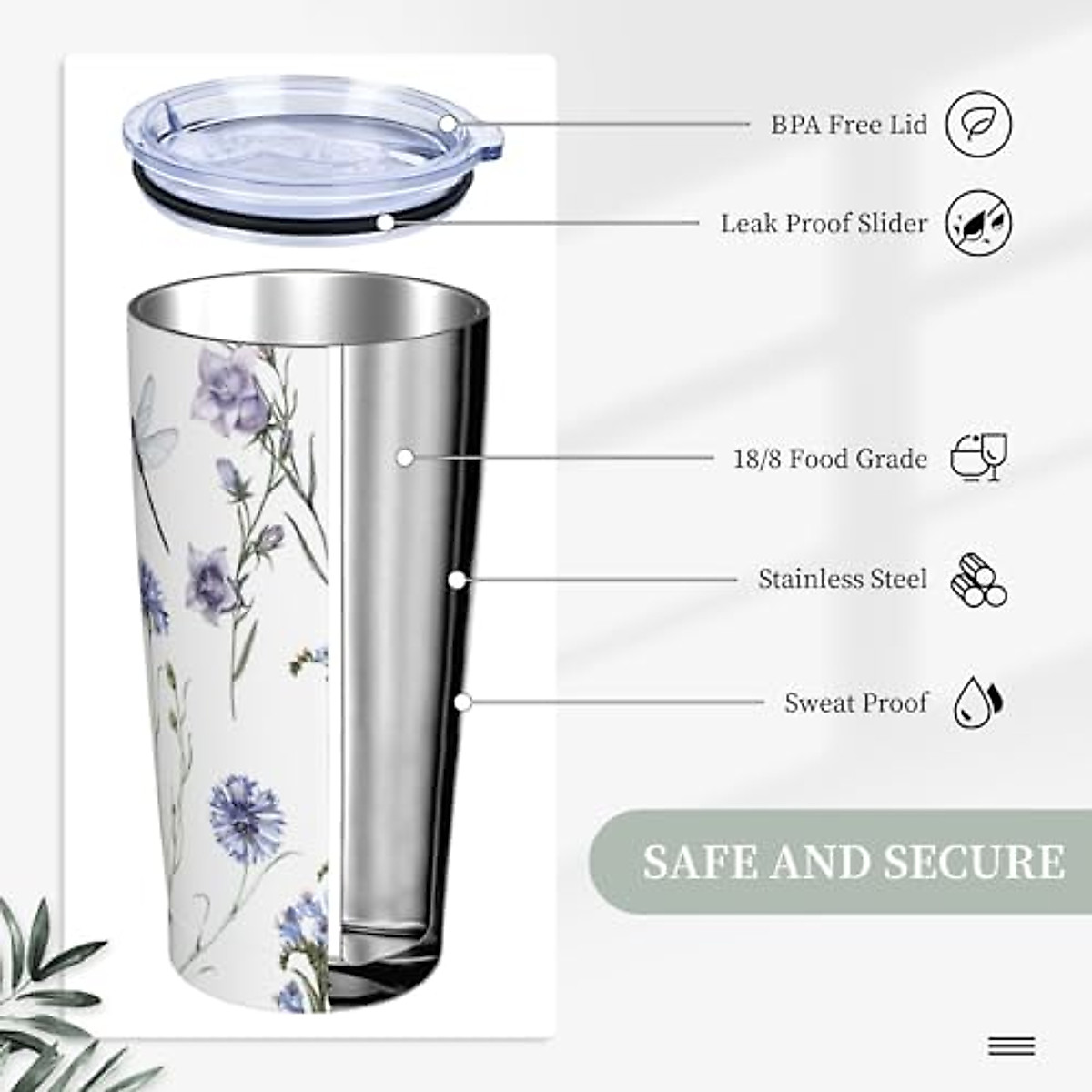 20oz Tumbler Watercolor Flowers Dragonfly Double Wall Vacuum Insulated Coffee Mug with Lid and Metal Straw Brush Reusable Stainless Steel Water Bottle Travel Cup Gifts for Car Ice Drinks Hot Beverage