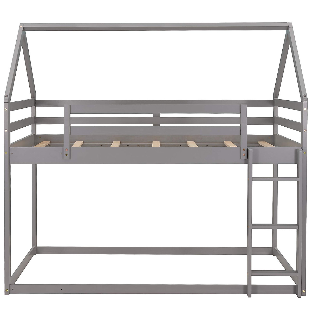 Twin Over Twin Low Bunk Bed, Wood House Bunk Bed Frame with Ladder, Guardrail and Roofs Floor Bunk Bed for Kids, Teens, Girls, Boys,Gray
