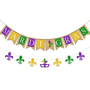 Whaline Mardi Grads Banner 2Pcs Glitter Purple Yellow Green Burlap Banner Masquerade Mask Paper Banner Pre-Assembled Bunting Garland for Masquerade Party Supplies Home Hanging Decor Photo Props