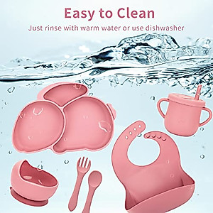 Puxdiauk Silicone Baby Feeding Set, 6 Pcs Baby Led Weaning Supplies with Rabbit Suction Plates, Toddler Bowls Forks and Spoons Bib Cup, Sturdy and NO-BPA for Kid, Dark Pink