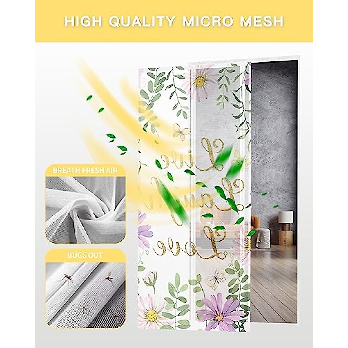 ZOE GARDEN Inspirational Quote Magnetic Screen Door for Sliding/Single/French Doors, Self Sealing Magnets Patio Door Screen Heavy Duty Mesh Curtain, Green Eucalyptus Leaves Elegant Flower