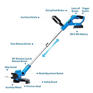 WISETOOL Weed Wacker Battery Powered, Cordless String Trimmer & Edger, 12 Inch Weed Eater with 3 Spools, Edger Lawn Tool with 90 Degree Adjustable Head, 20V 2.0Ah Battery and Fast Charger Included