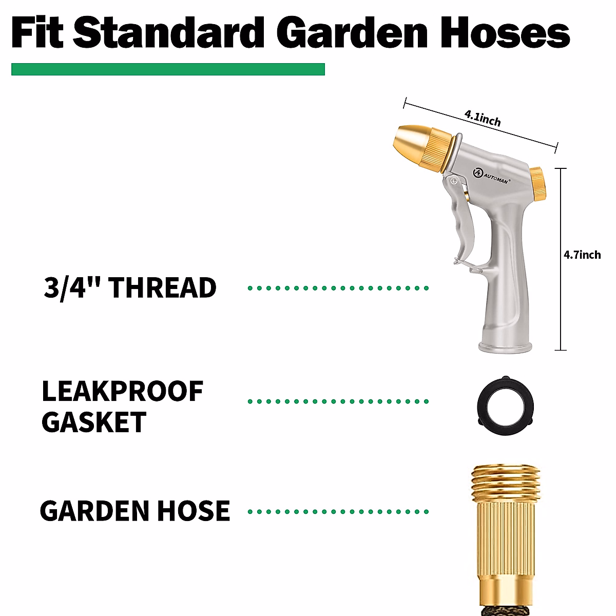 AUTOMAN Garden Hose Nozzle Sprayer, High Pressure Spray Nozzle, 100% Metal Water Hose Nozzle, 4 Patterns Watering Nozzle, Heavy Duty Garden Nozzle for Watering Plants & Lawns, Washing Cars & Pets