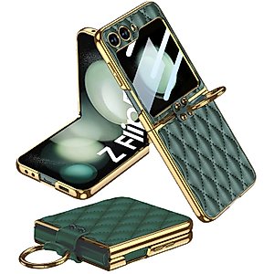 Miimall Leather Case with Metal Ring Holder Stand Compatible with Galaxy Z Flip 5, Built-in Screen Protector, Leather Cover with Electroplating Frame Ultra-Thin Case Cover for Z Flip 5 (Deep Green)